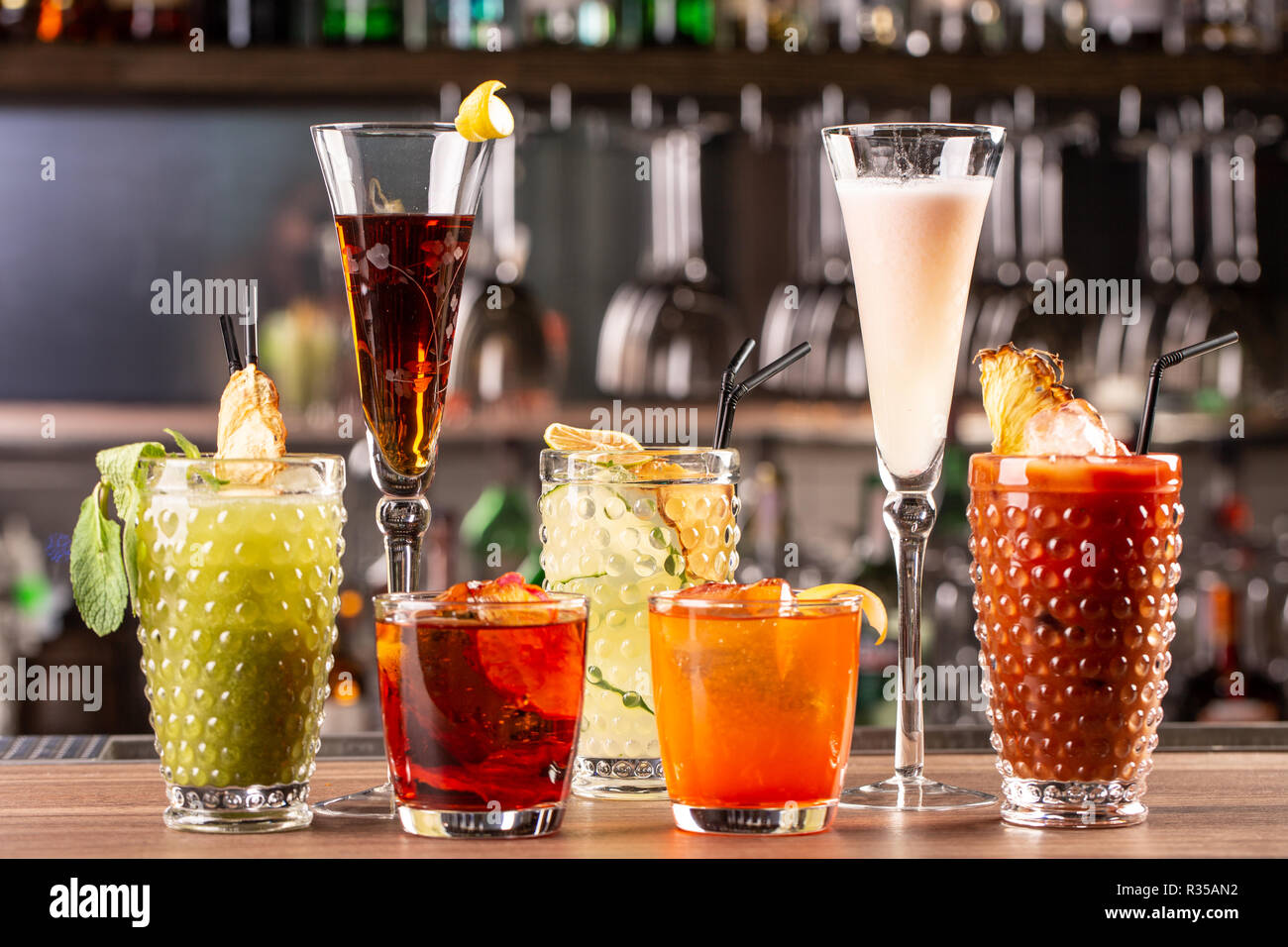 Alcohol bar, cocktail glass on bar counter, cocktail glass in a bar ...