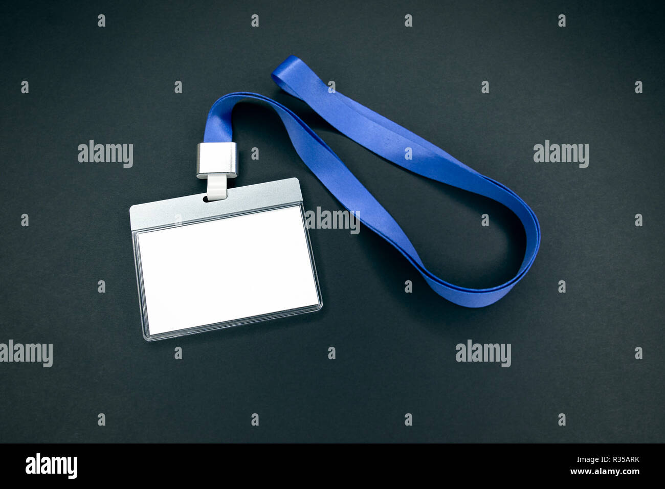 White empty staff identity mockup with blue lanyard Stock Photo - Alamy