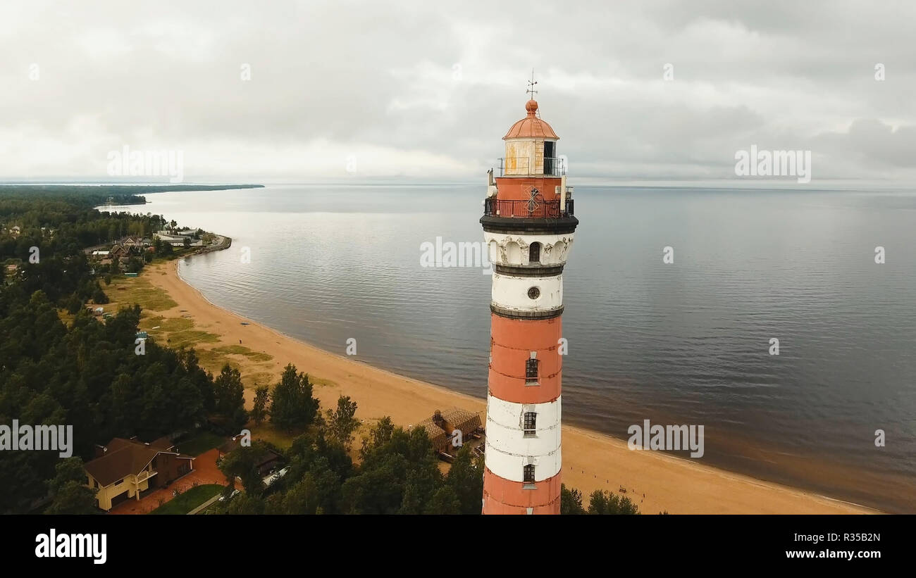 Ancient lighthouse on the coast of the sea, the lake. Aerial view ...