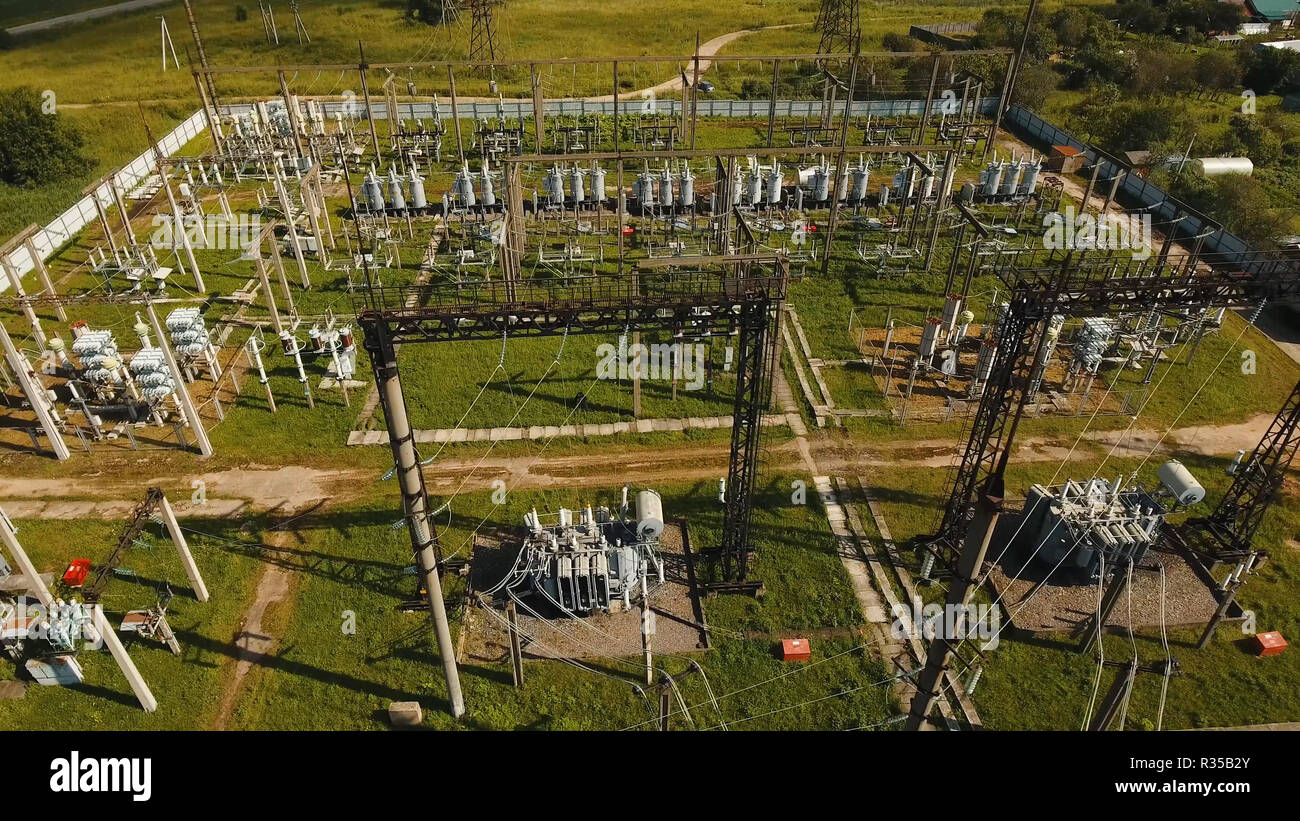 Aerial view Power plant, transformation station, cables and wires. High ...