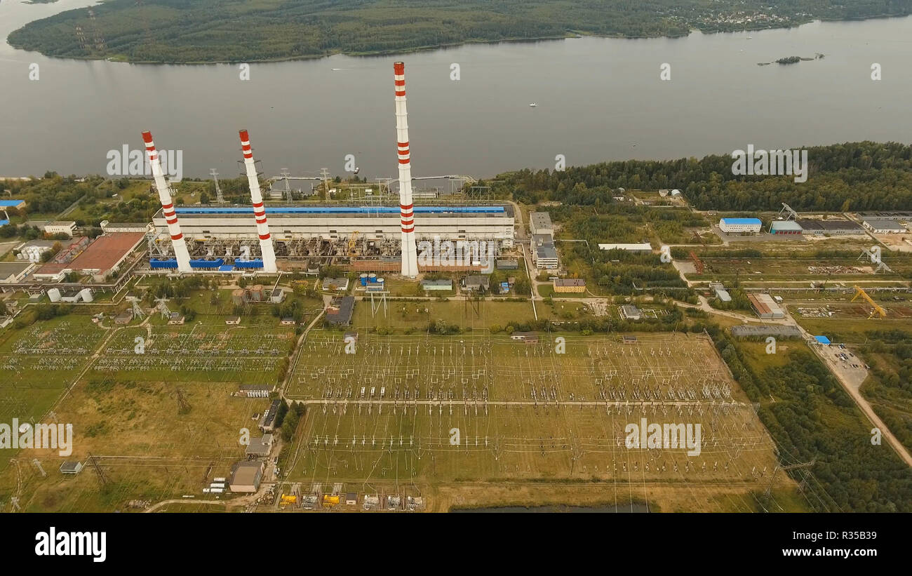 Aerial view Hydroelectric power station, transformation station, cables ...