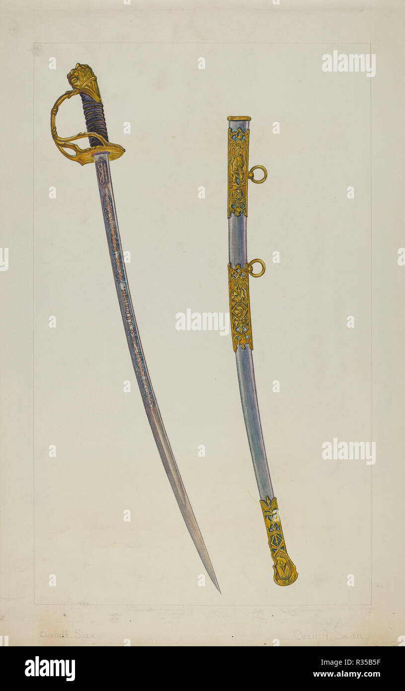 Sword and Sheath. Dated: c. 1938. Dimensions: overall: 55.9 x 35.5 cm ...