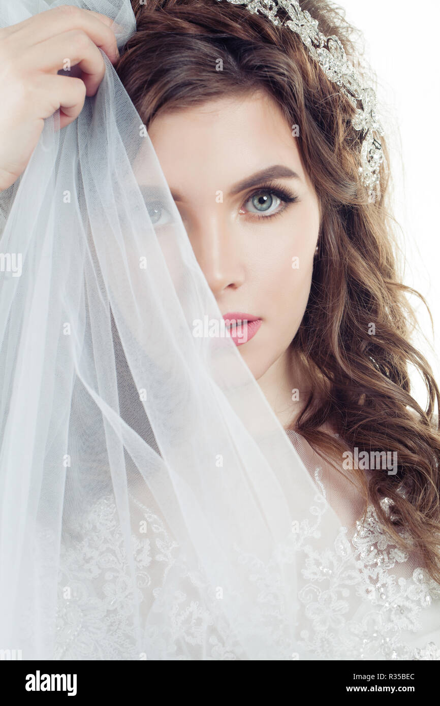 Cute bride woman in veil, face closeup female portrait Stock Photo - Alamy