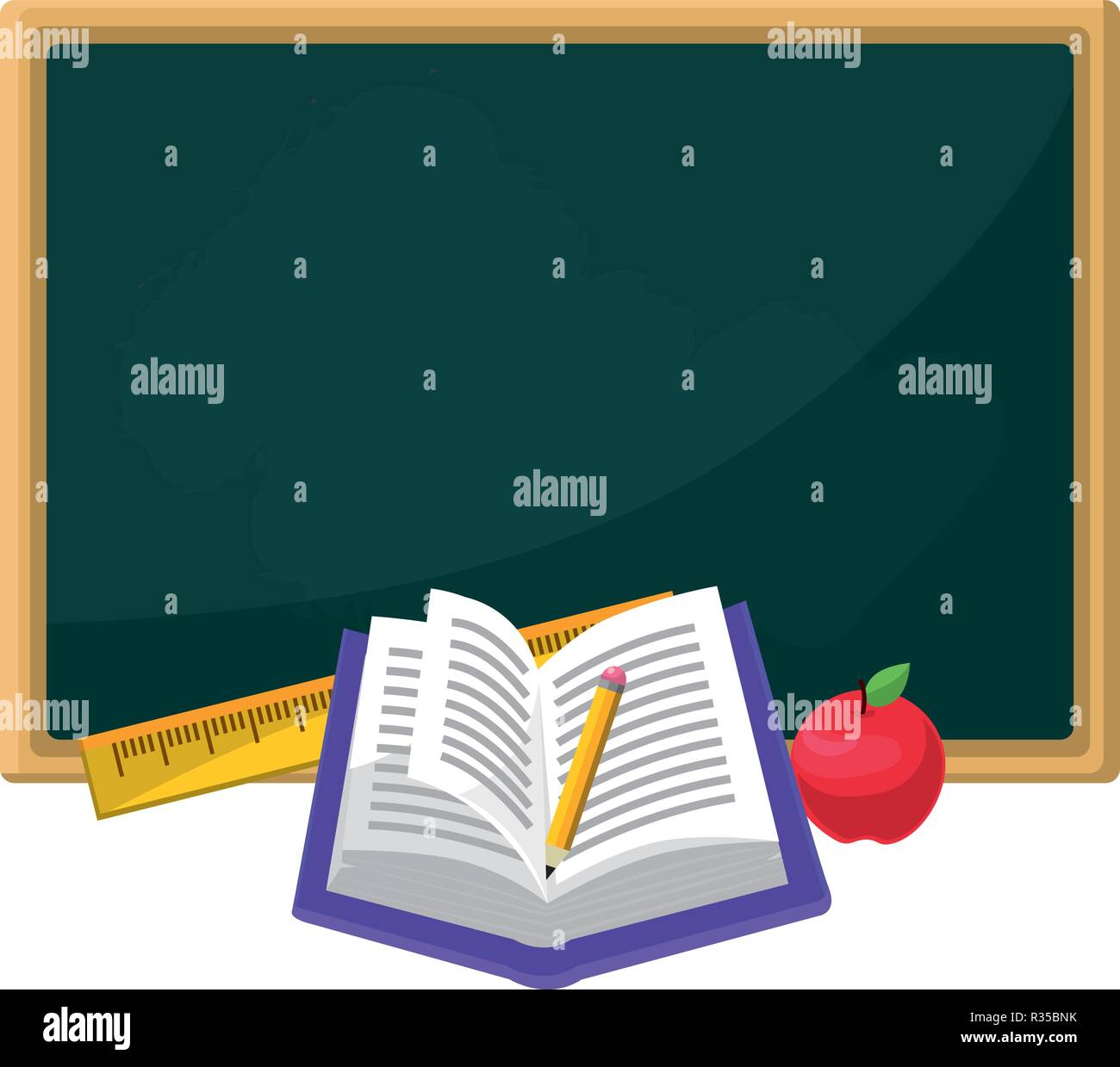 back to school board with books and appel with ruler and pencil cartoon ...