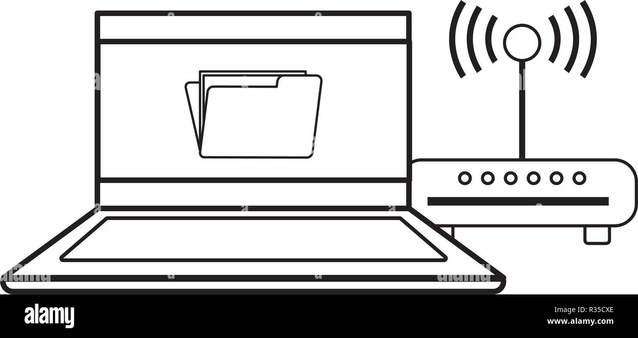 technology laptop saving documents on line with wifi cartoon vector ...