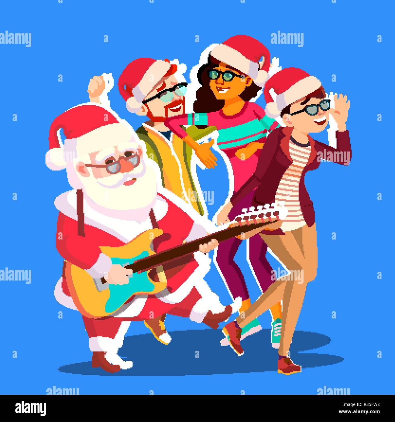 Santa Claus Dancing With Group Of People And Guitar In Hands. Happy ...