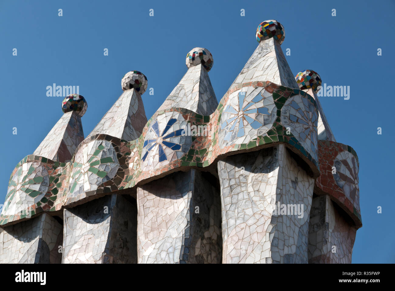 Colourful chimneys on rooftop of Casa Batllo house designed by Antoni ...