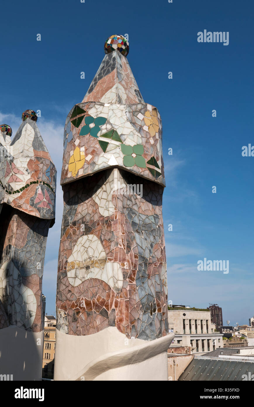 Colourful chimneys on rooftop of Casa Batllo house designed by Antoni ...