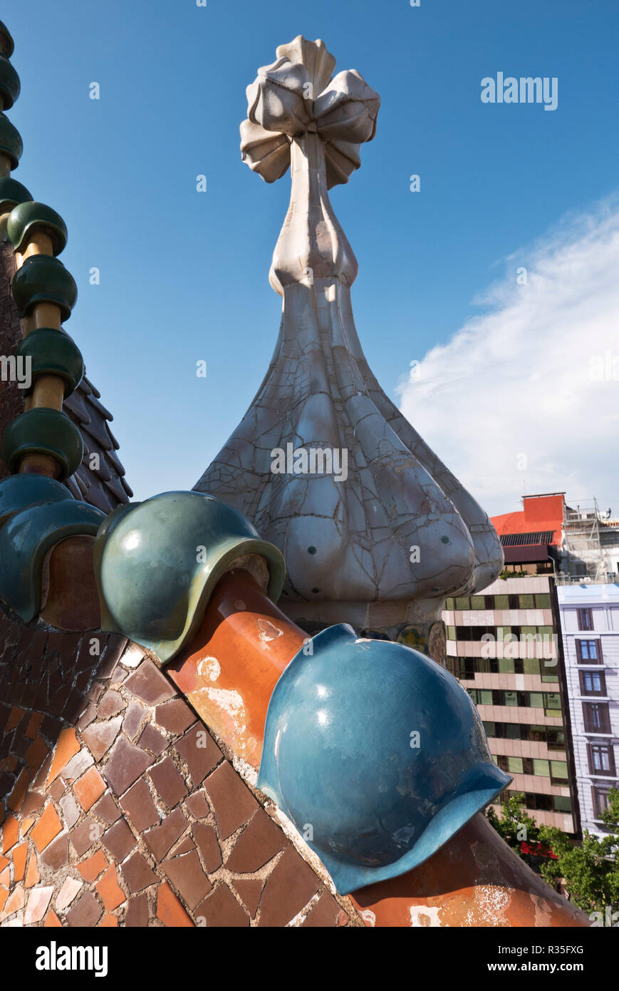 Rooftop decorations of Casa Batllo house designed by Antoni Gaudi ...