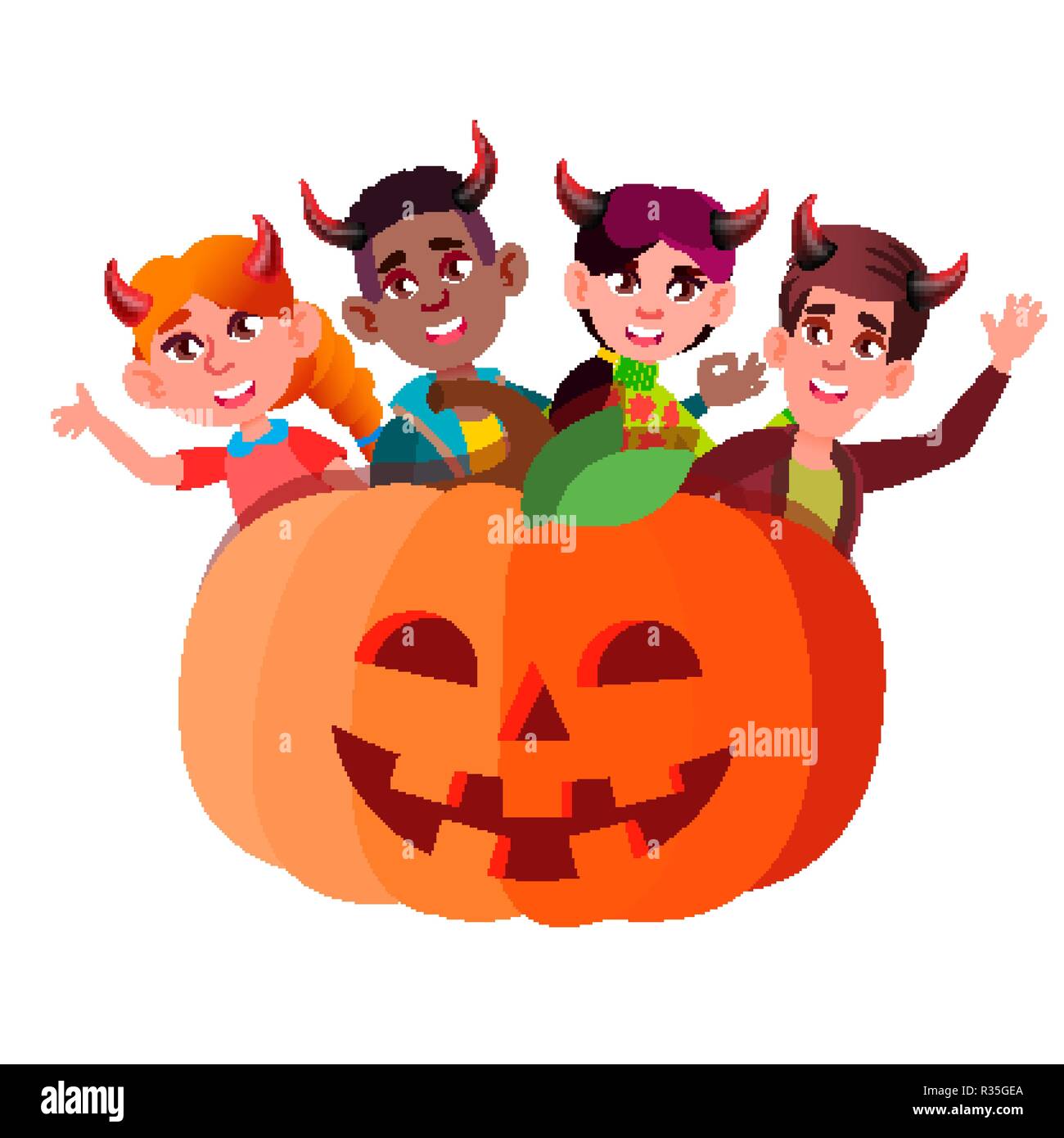 Group Of Children With Devil Horns Peeking Out From Large Pumpkin ...