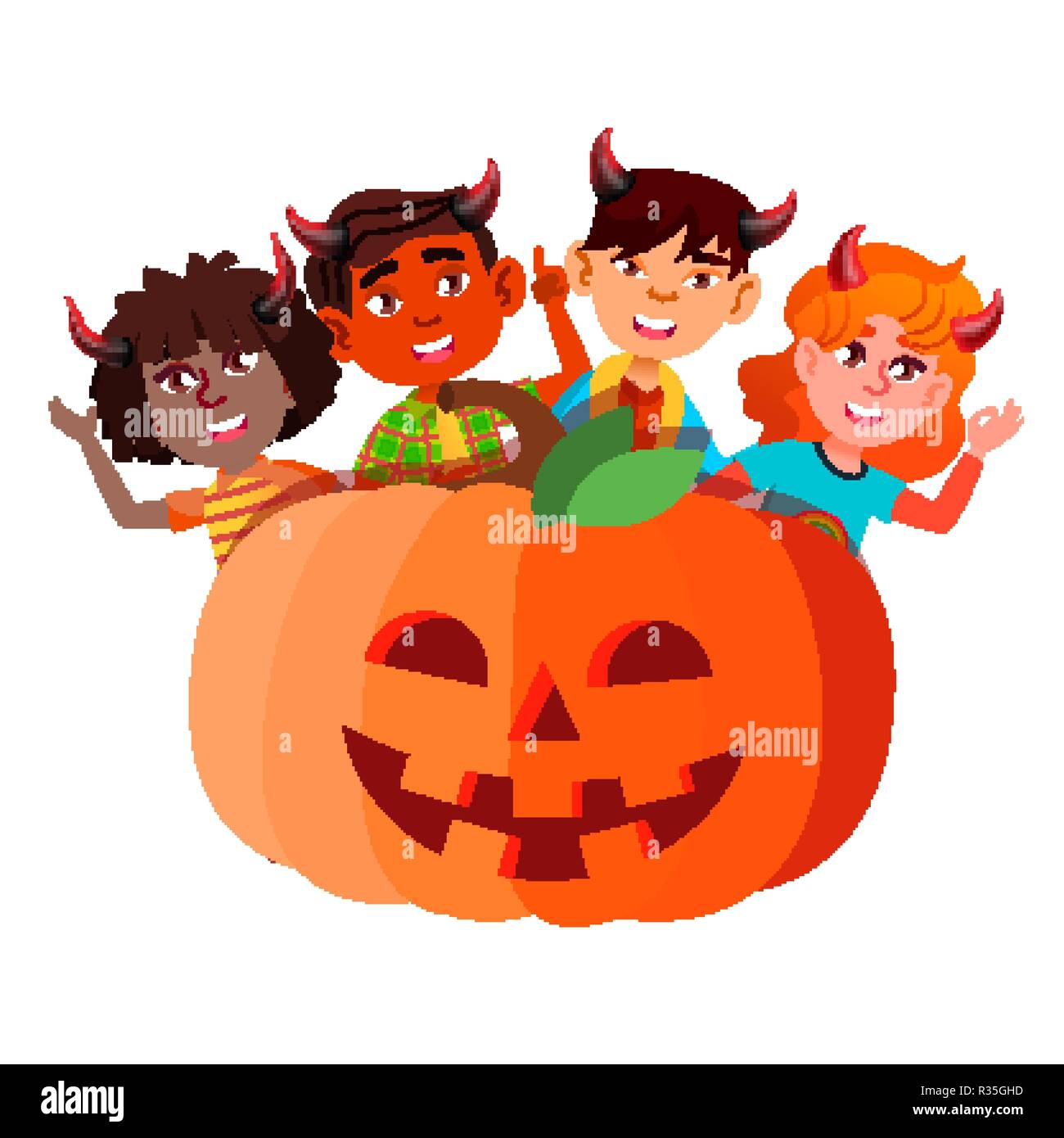 Group Of Children With Devil Horns Peeking Out From Large Pumpkin ...