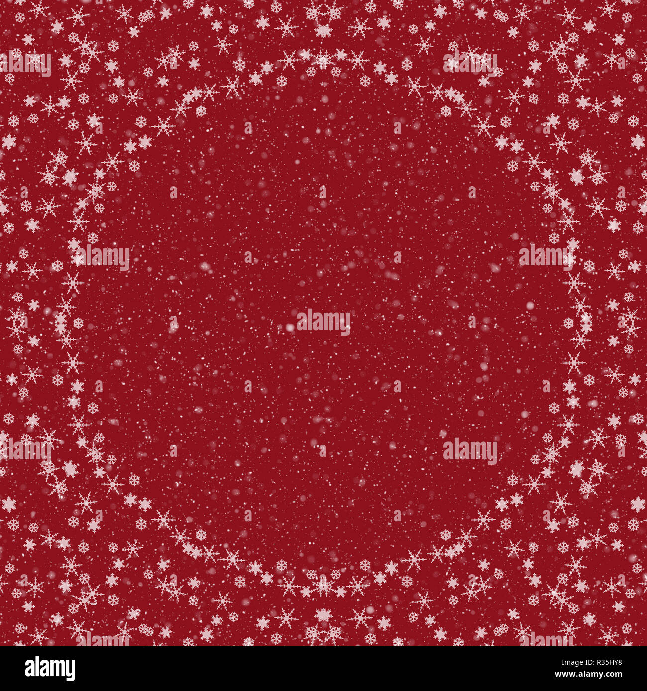 Red snowy background with white snowflake round frame, border Stock ...