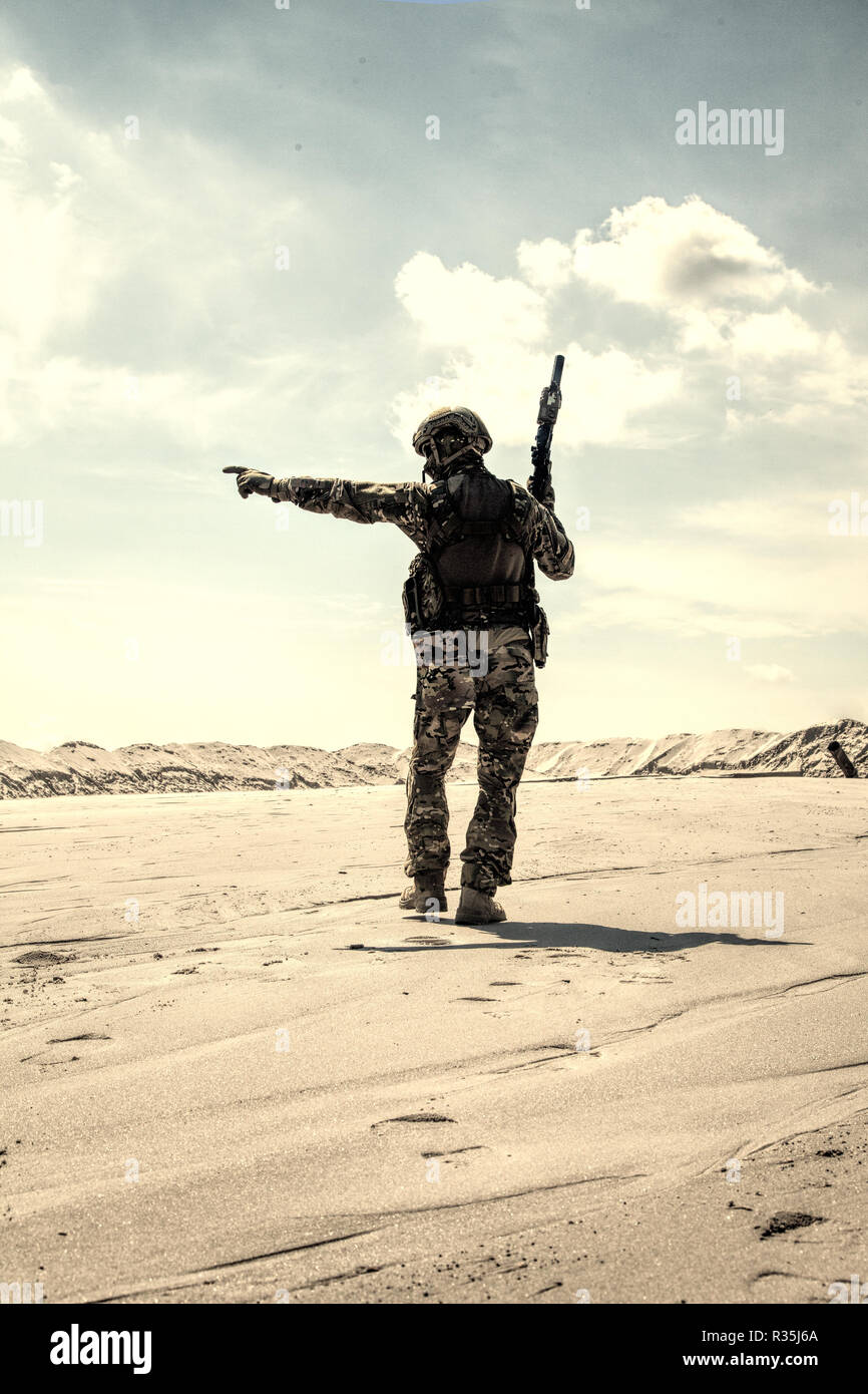 Soldier of special forces, infantry rifleman in military ammunition ...