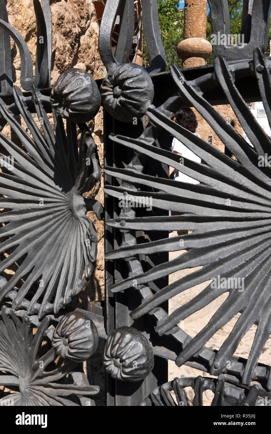 Leafy design on the metal gates at the Park Guell designed by Antoni ...