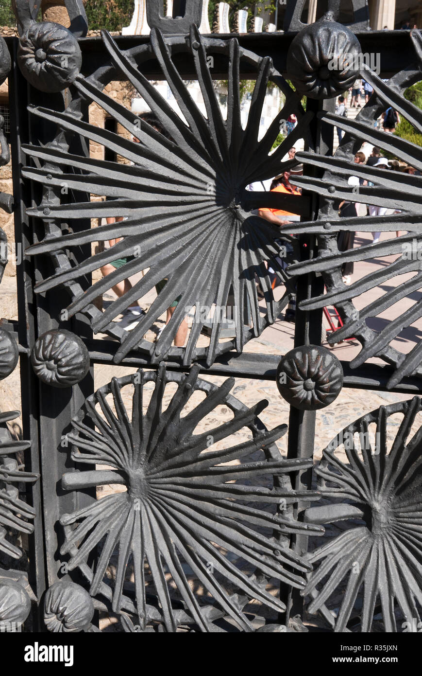 Leafy design on the metal gates at the Park Guell designed by Antoni ...