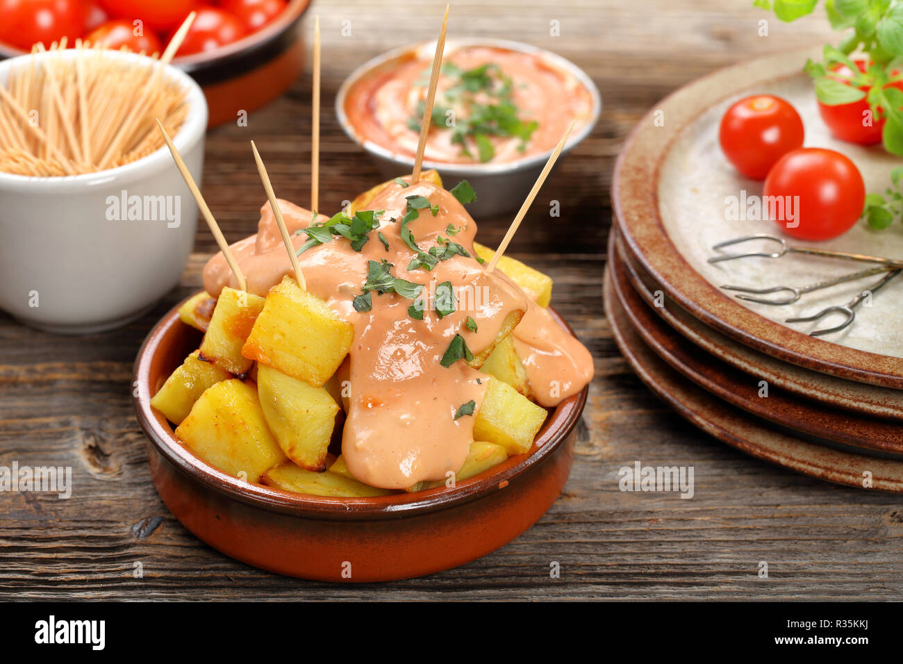 Patatas bravas traditional Spanish potatoes snack tapas Stock Photo - Alamy