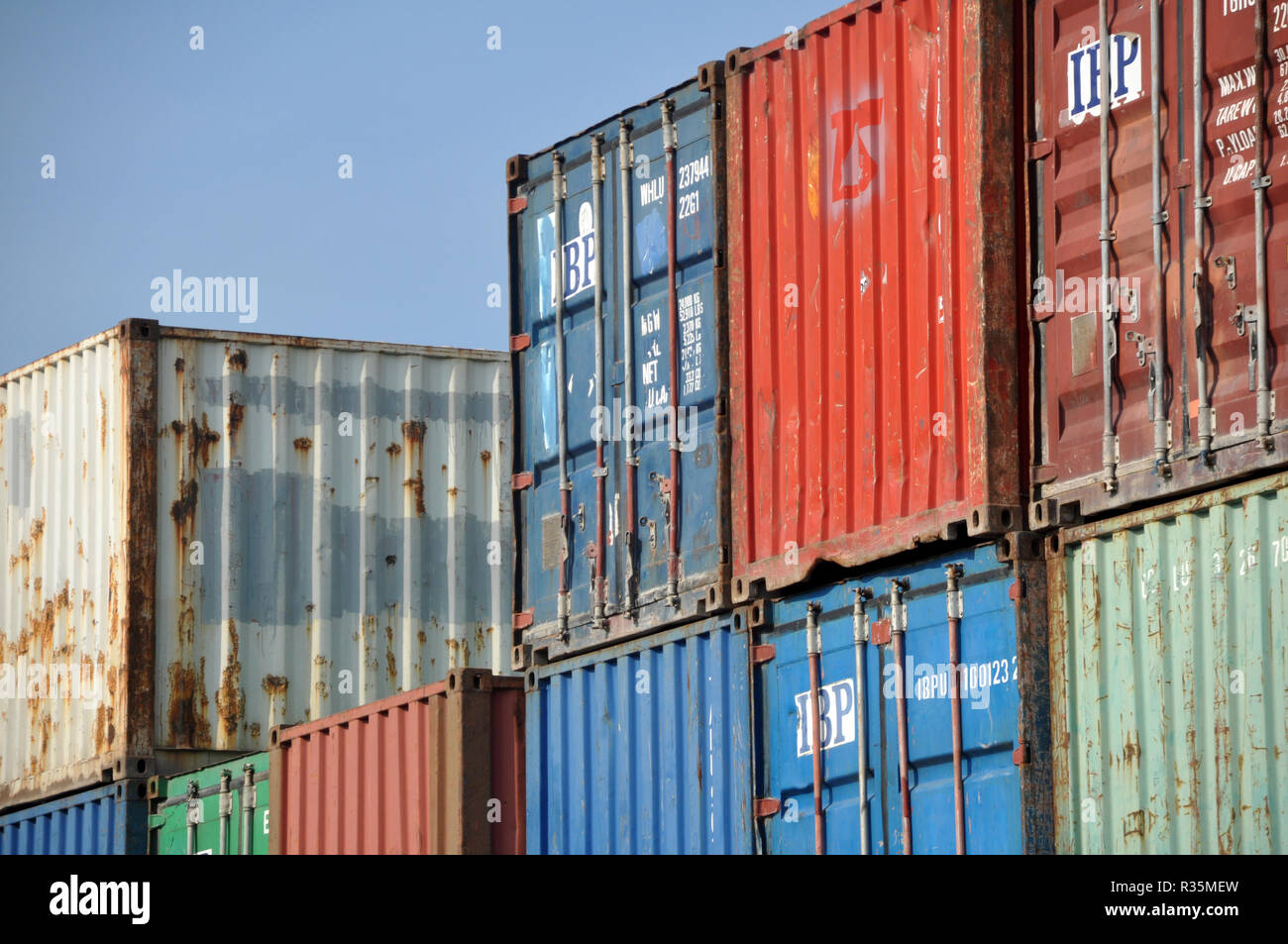 Jakarta, Indonesia - October 28, 2018: Container pile at Sunda Kelapa ...