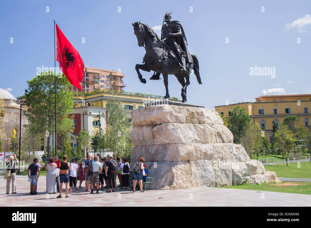 The Skanderbeg equestrian statue in Skanderbeg Square in Tirana, the ...