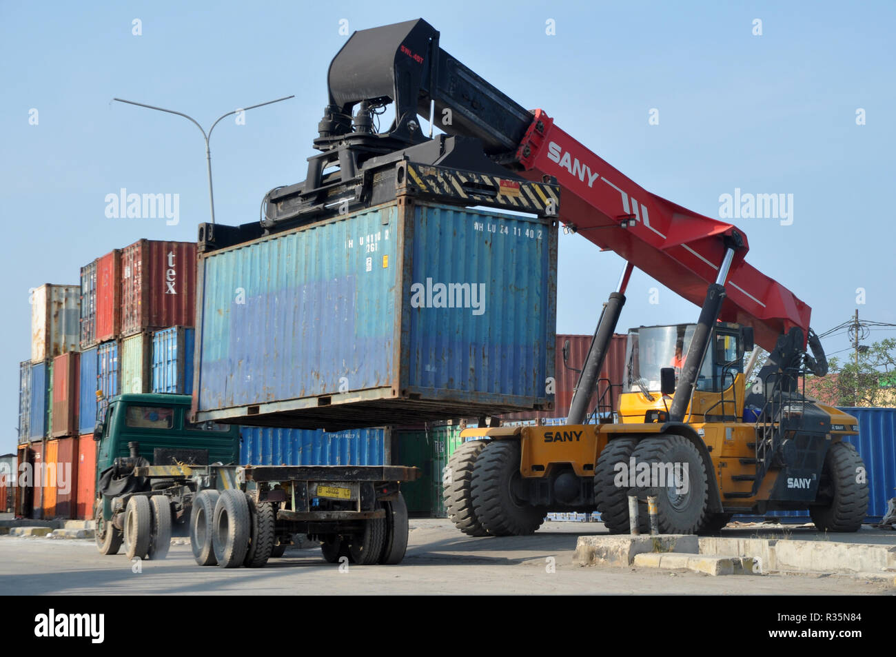 Jakarta, Indonesia - October 28, 2018: Container loading and unloading ...