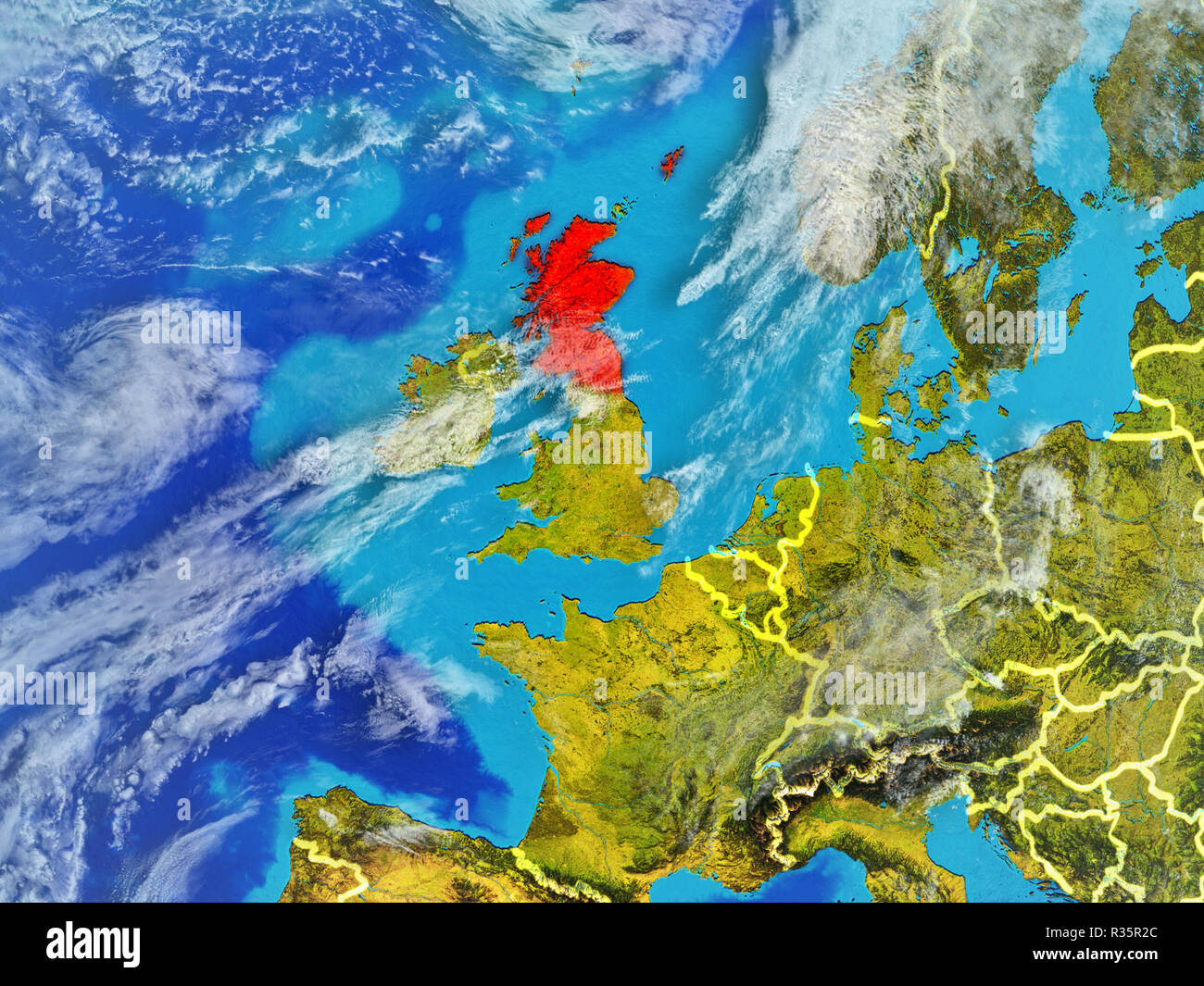 Scotland from space on model of planet Earth with country borders ...