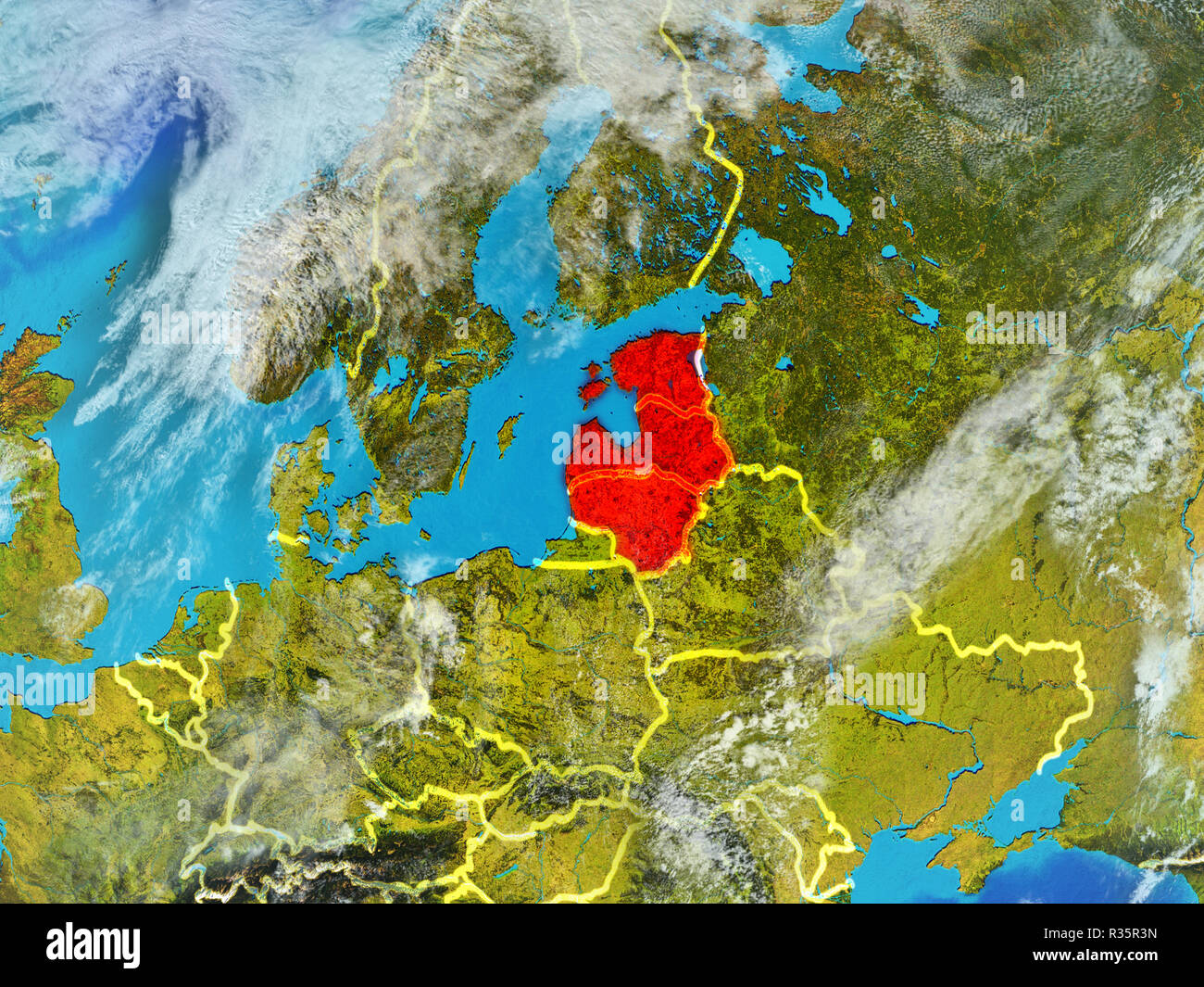 Baltic States from space on model of planet Earth with country borders ...