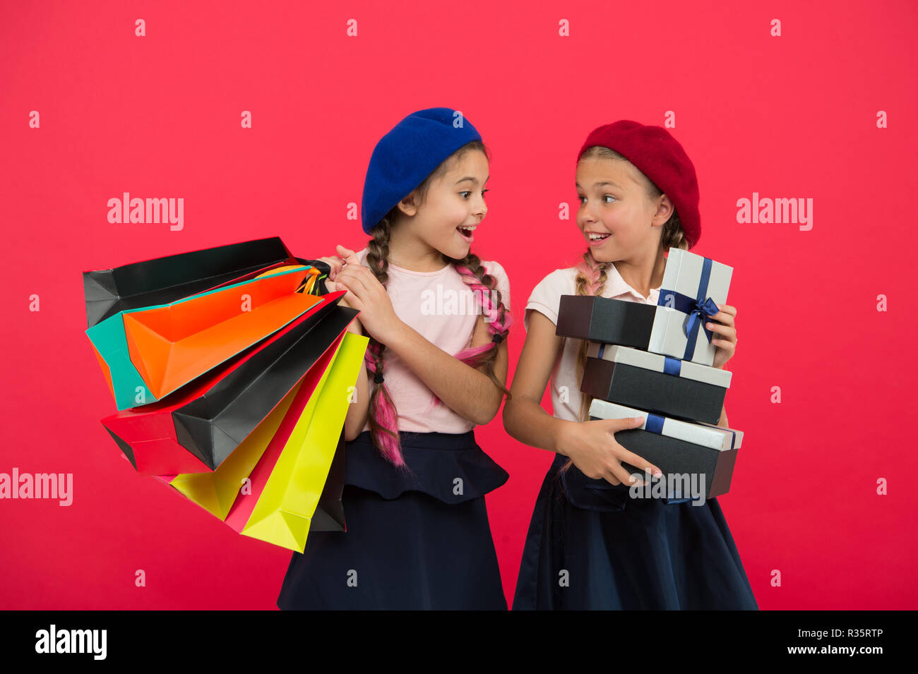 Shopaholic concept. Shopping become fun with best friends. Children ...