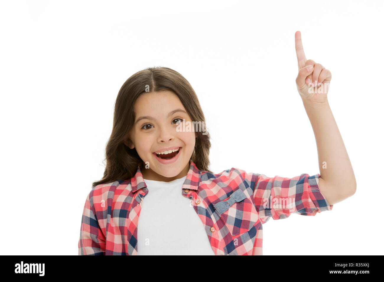 Kid point finger up isolated white. Child cute face brunette hair ...
