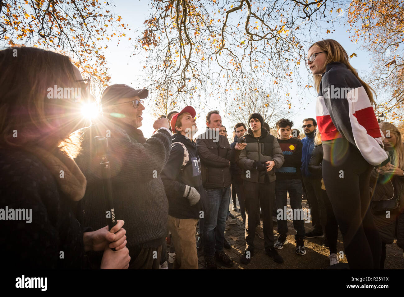 A female speaker engages the crowds at Speakers’ Corner, the public ...