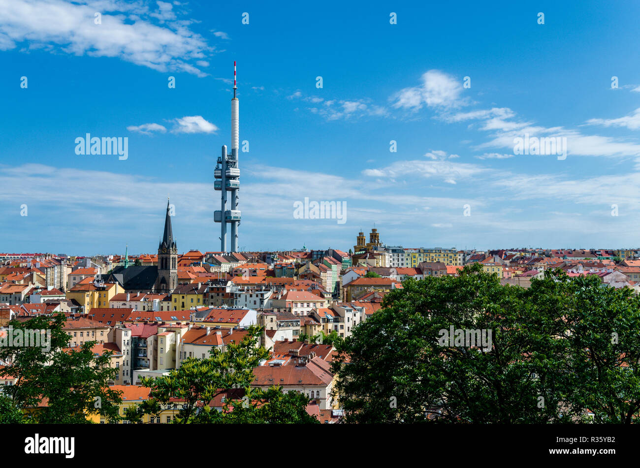 The Television Tower in Prague, raising high above the roofs of the ...