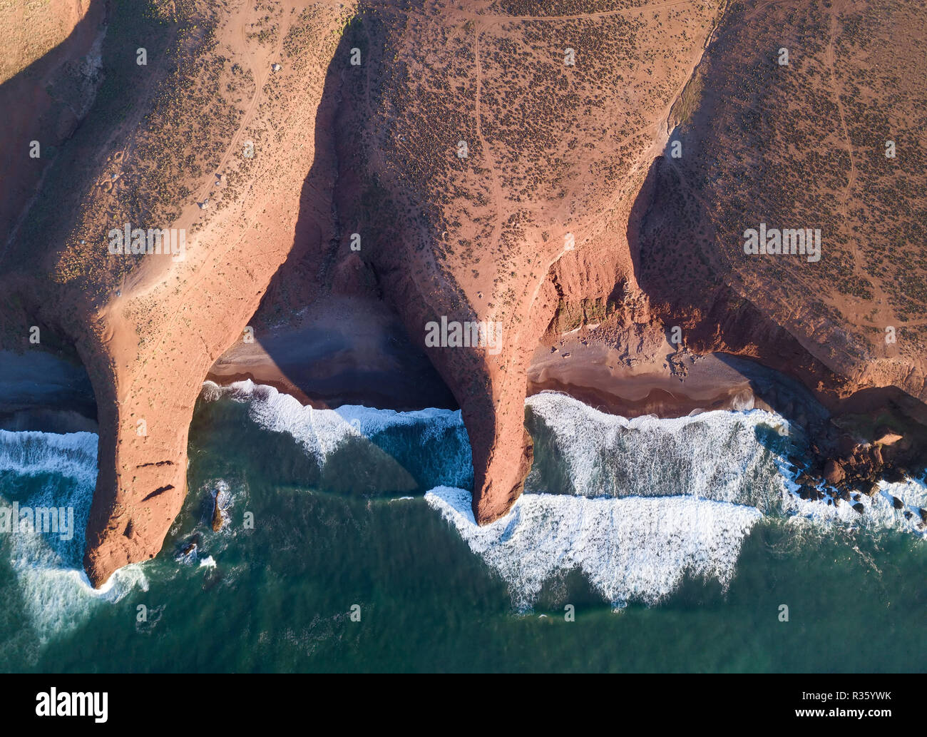 Aerial top view on Legzira beach with arched rocks on the Atlantic ...