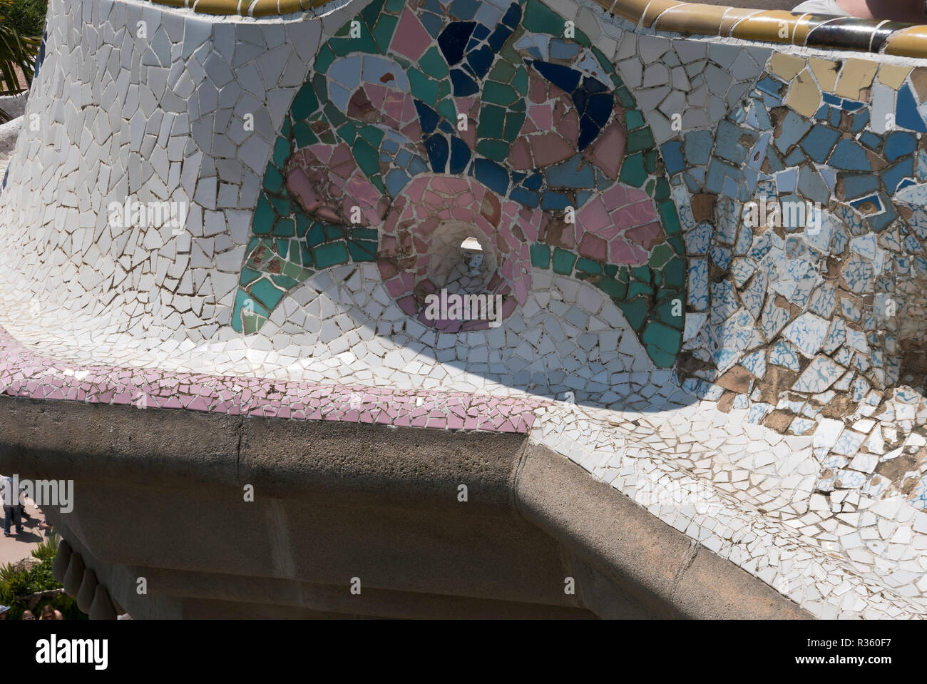 Colourful mosaic designs on the back of benches designed by Antoni ...