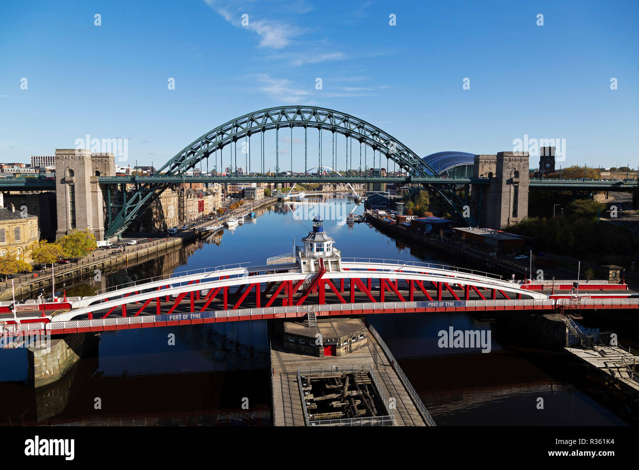 The Swing Bridge and Tyne Bridge spanning the River Tyne in north-east ...