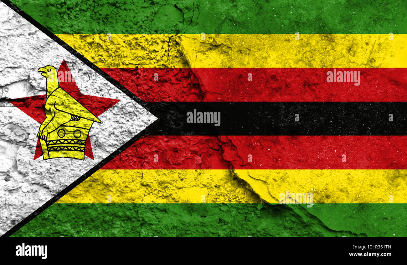 Flag of Zimbabwe close up painted on a cracked wall, concept of armed ...
