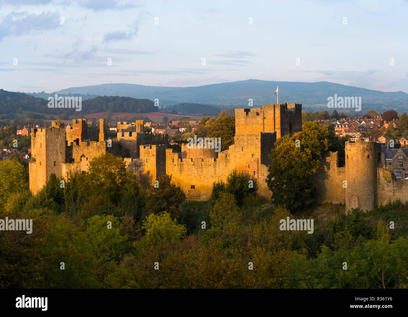 Evening light on Ludlow Castle seen from Whitcliffe Common, Shropshire ...