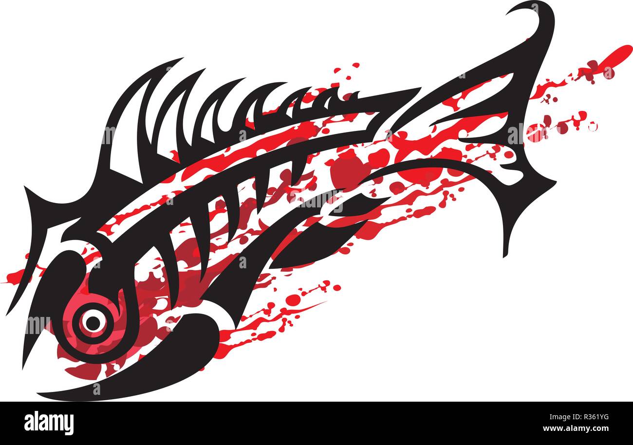 Awful splattered bloody fish symbol. Abstract grunge peaked black fish ...
