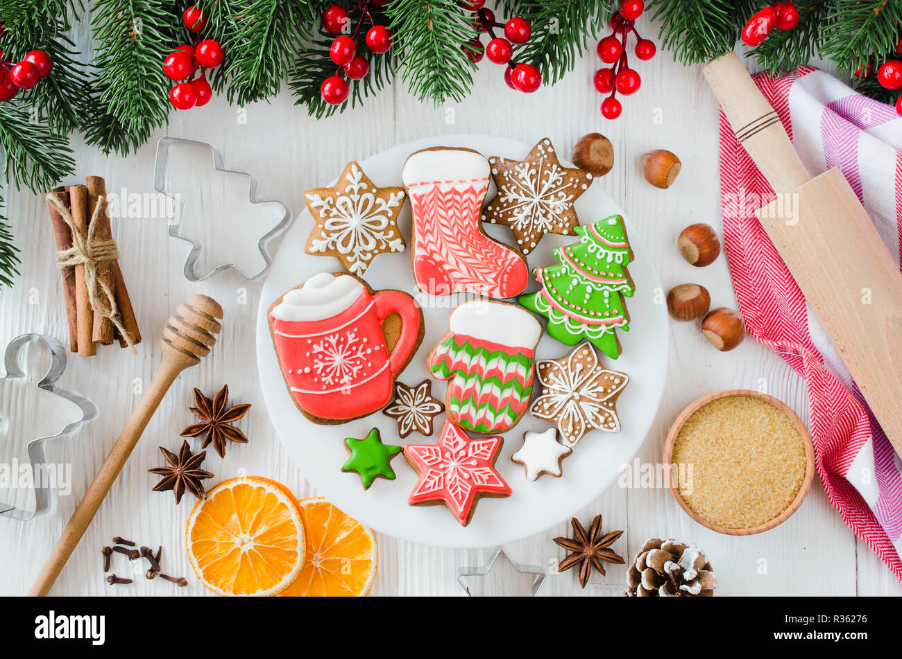 Holiday food background. Gingerbread cookies with cutters, rolling pin ...
