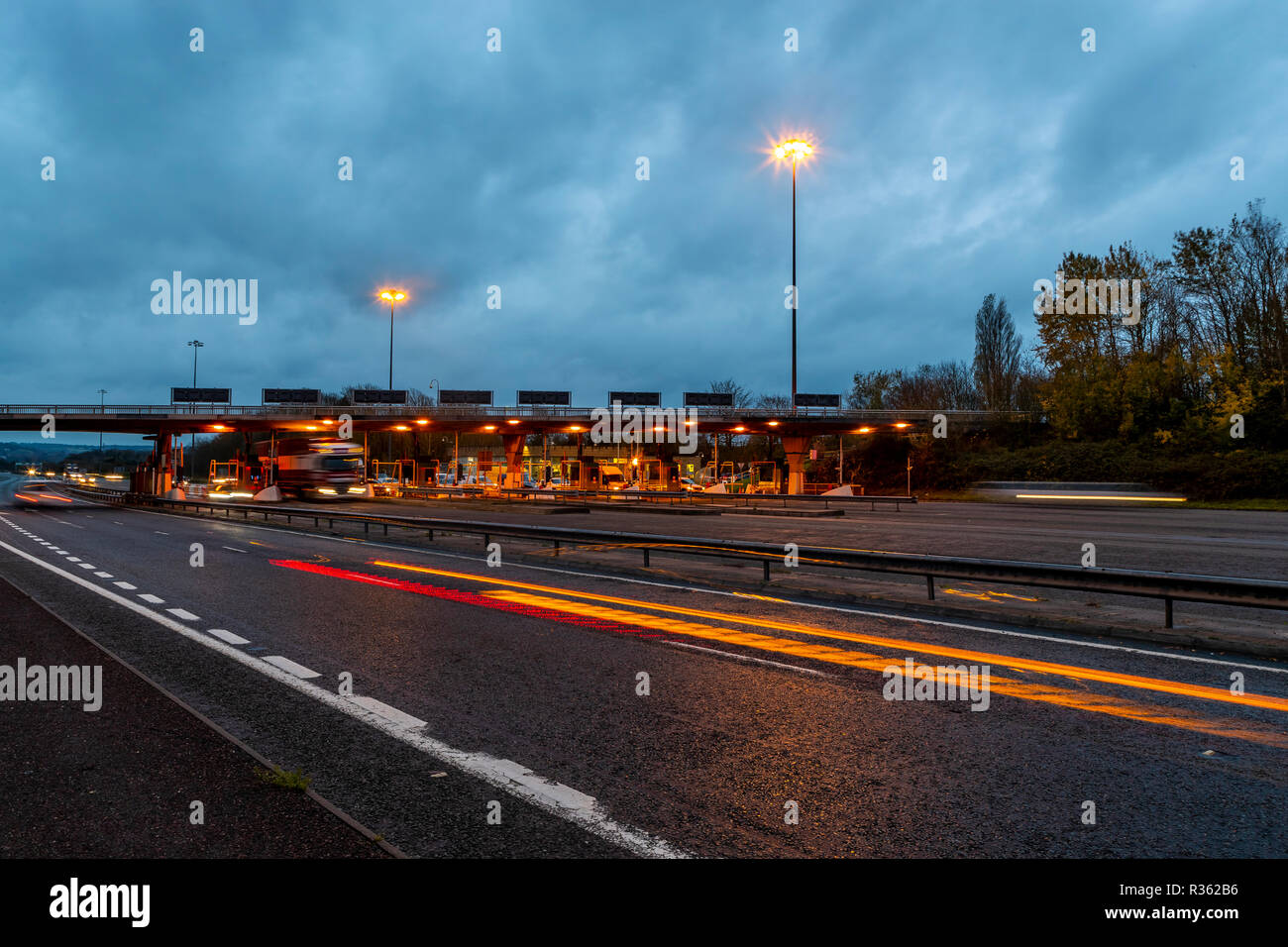 Toll plaza, M48 Severn River crossing, Aust, Bristol. The tolls between ...