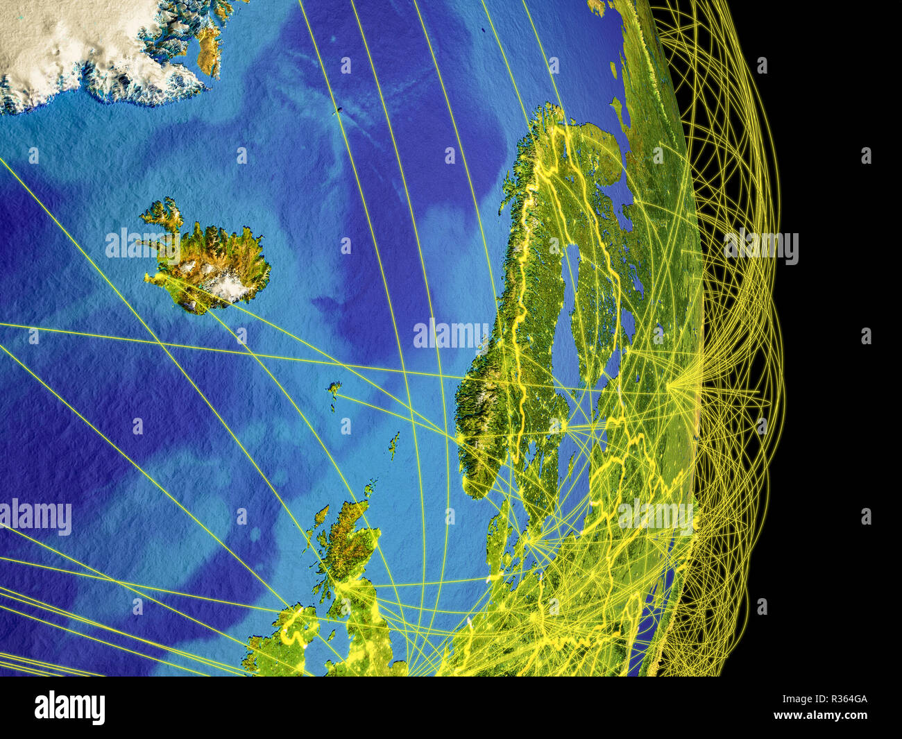 Northern Europe on Earth with trajectories representing international ...