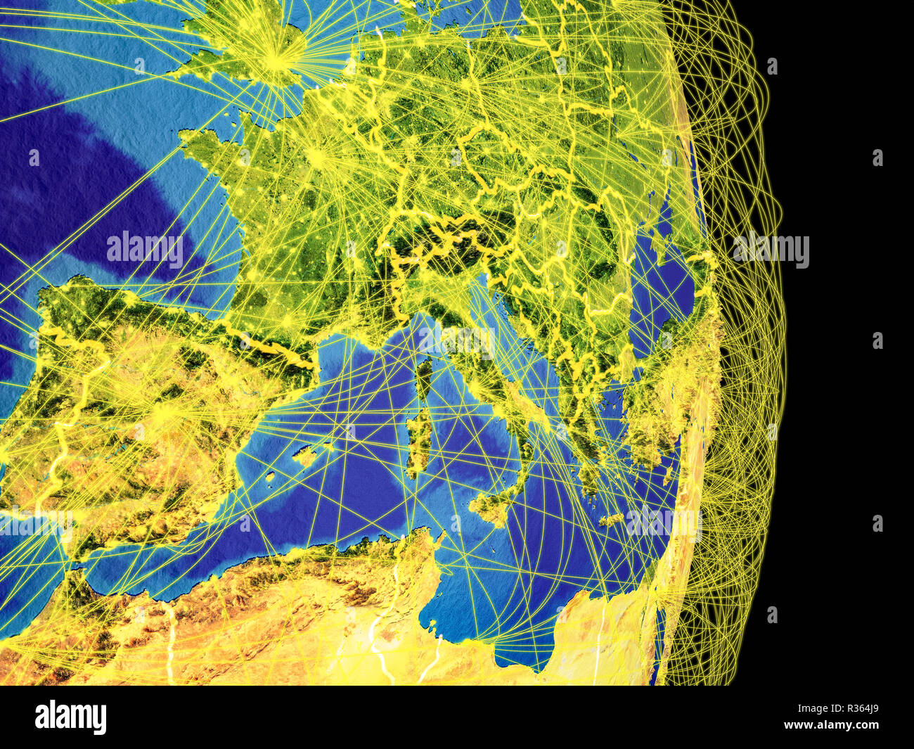 Southern Europe on Earth with trajectories representing international ...