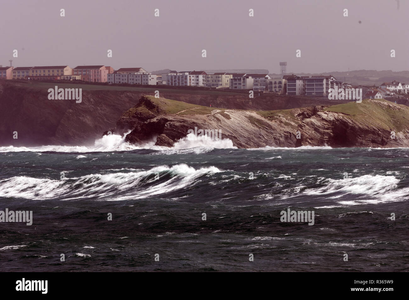 Porth Island Storm waves. Newquay, Cornwall, UK Stock Photo - Alamy