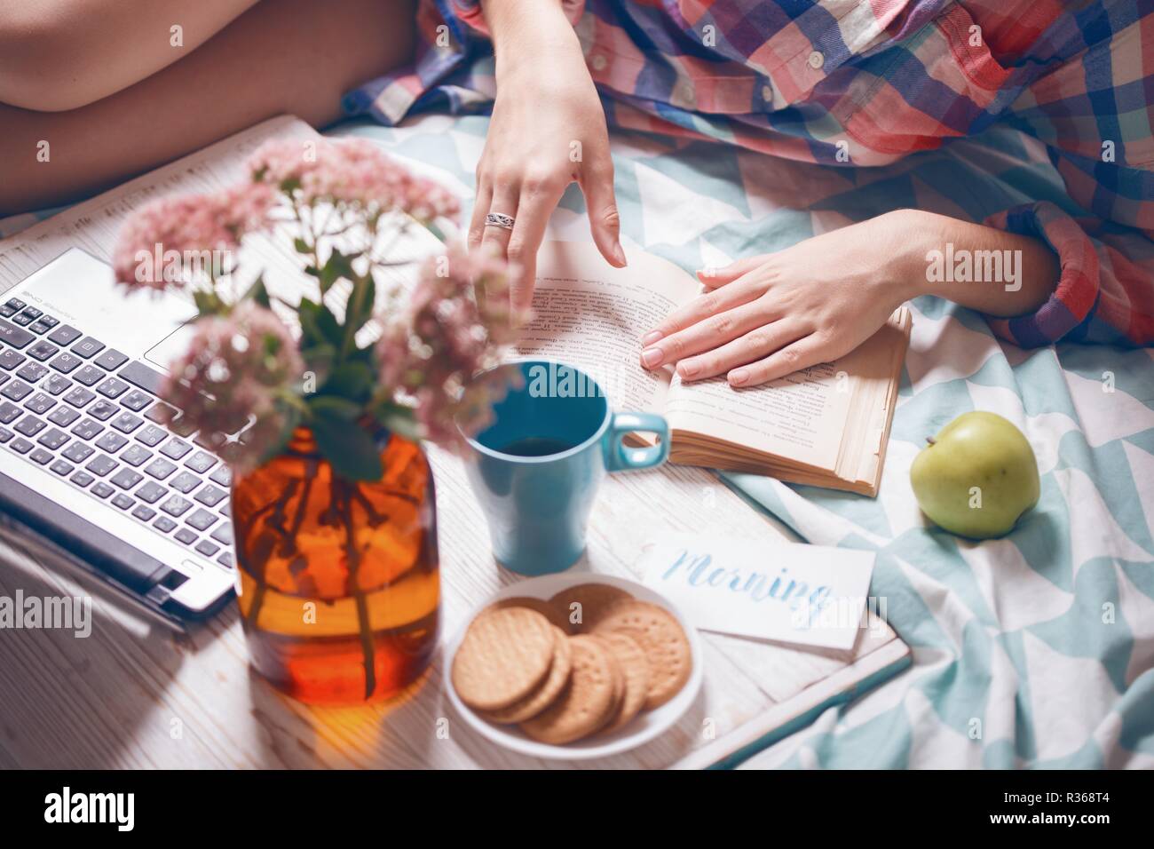 background - beautiful cozy morning and girl reading book Stock Photo ...