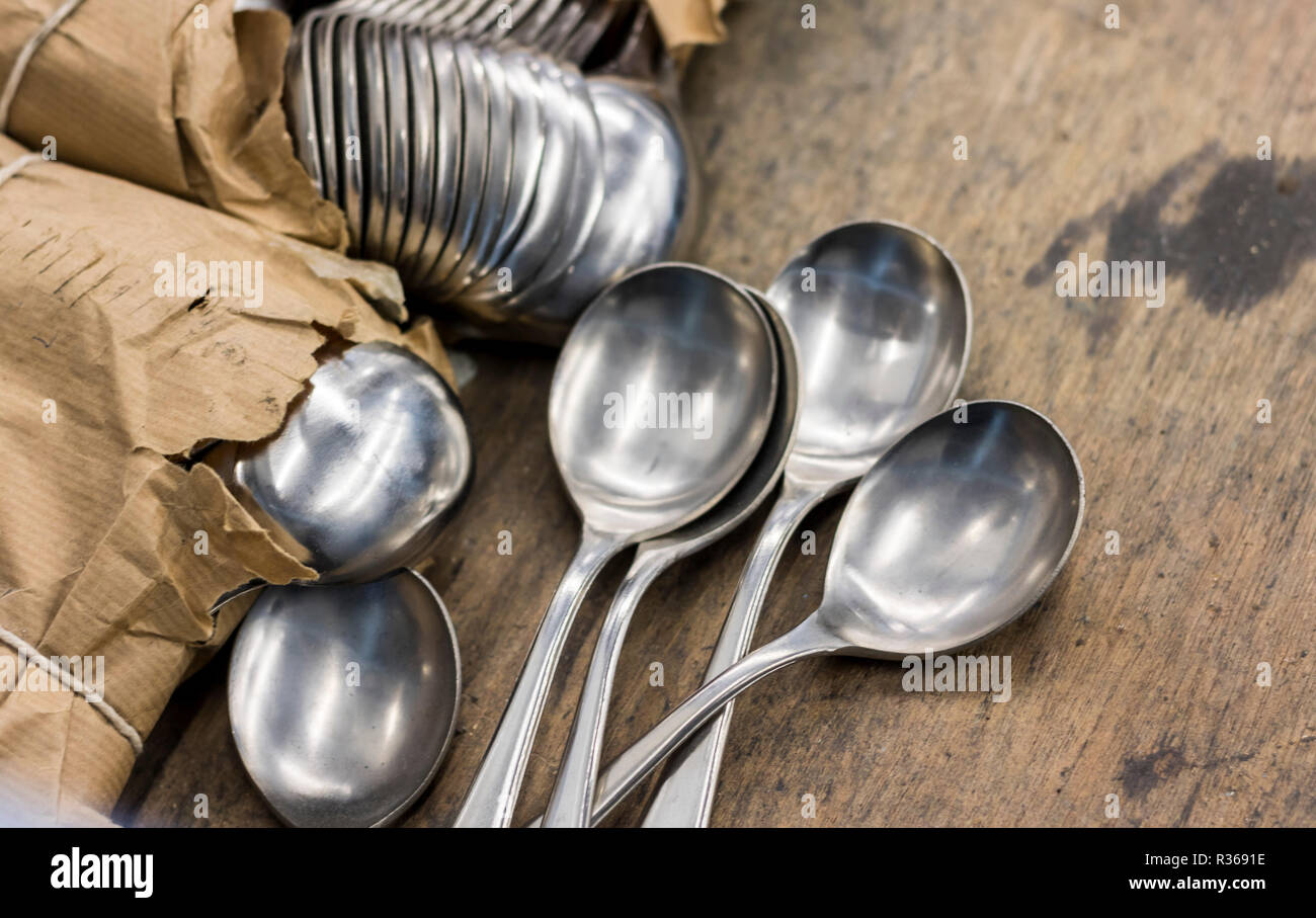 Old vintage metal spoons hi-res stock photography and images - Alamy