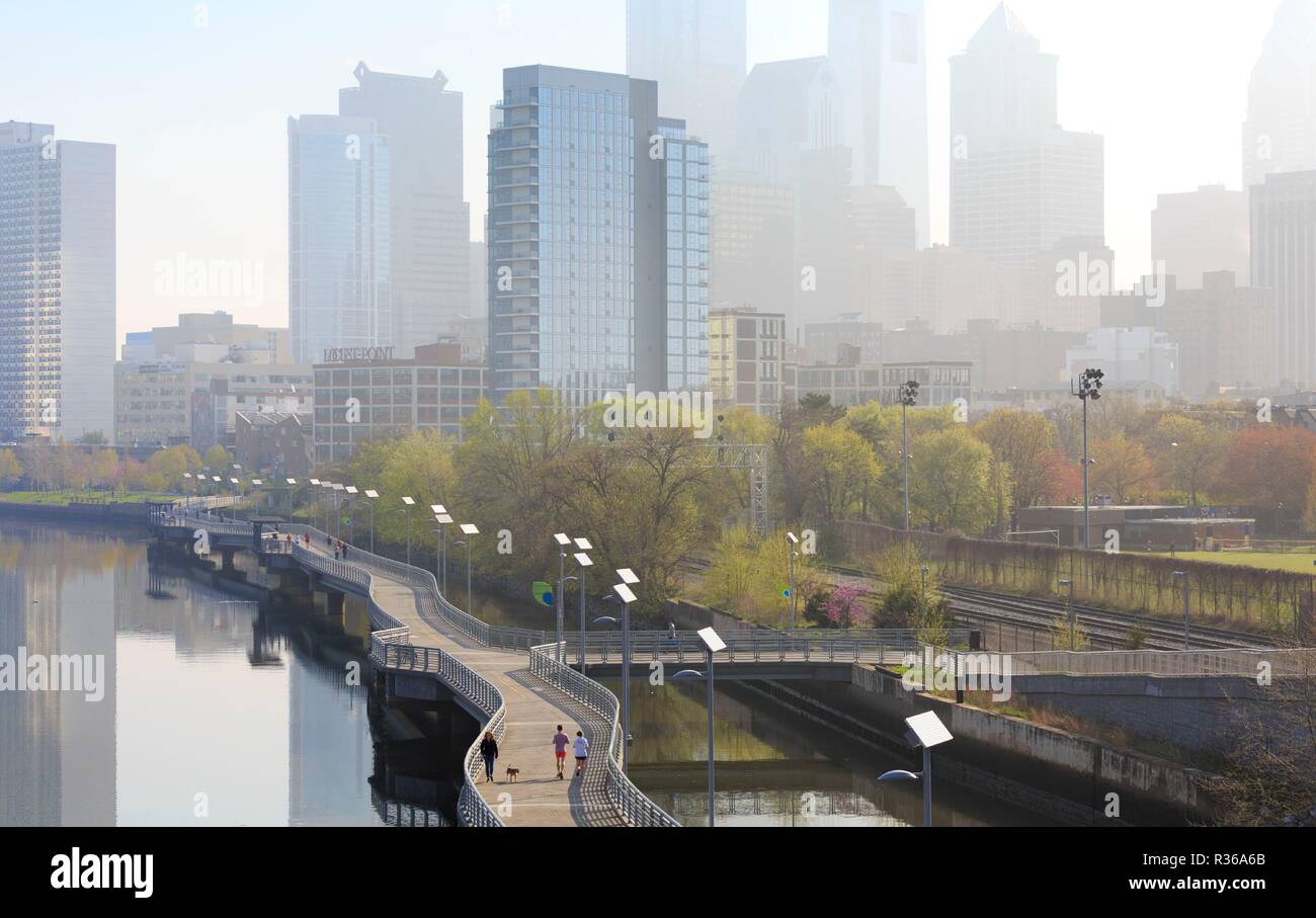 Philadelphia Skyline with Schuylkill River Park Boardwalk in springtime ...
