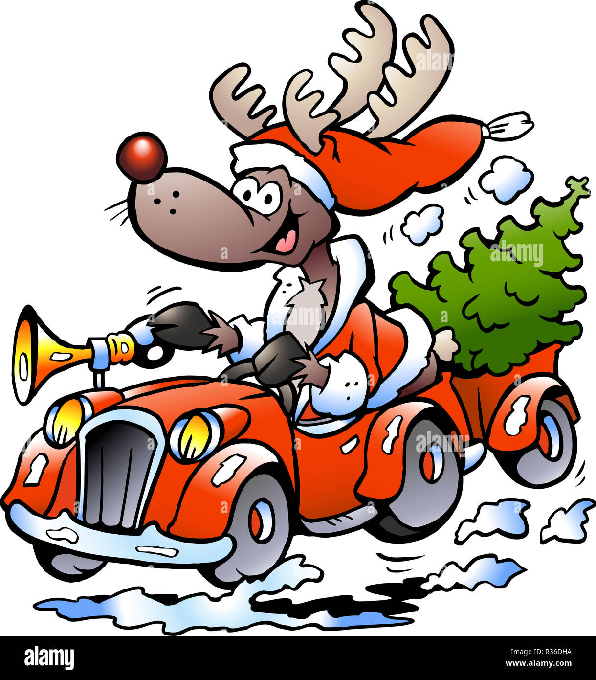 Hand-drawn Vector illustration of an Reindeer Driving Car Stock Photo ...