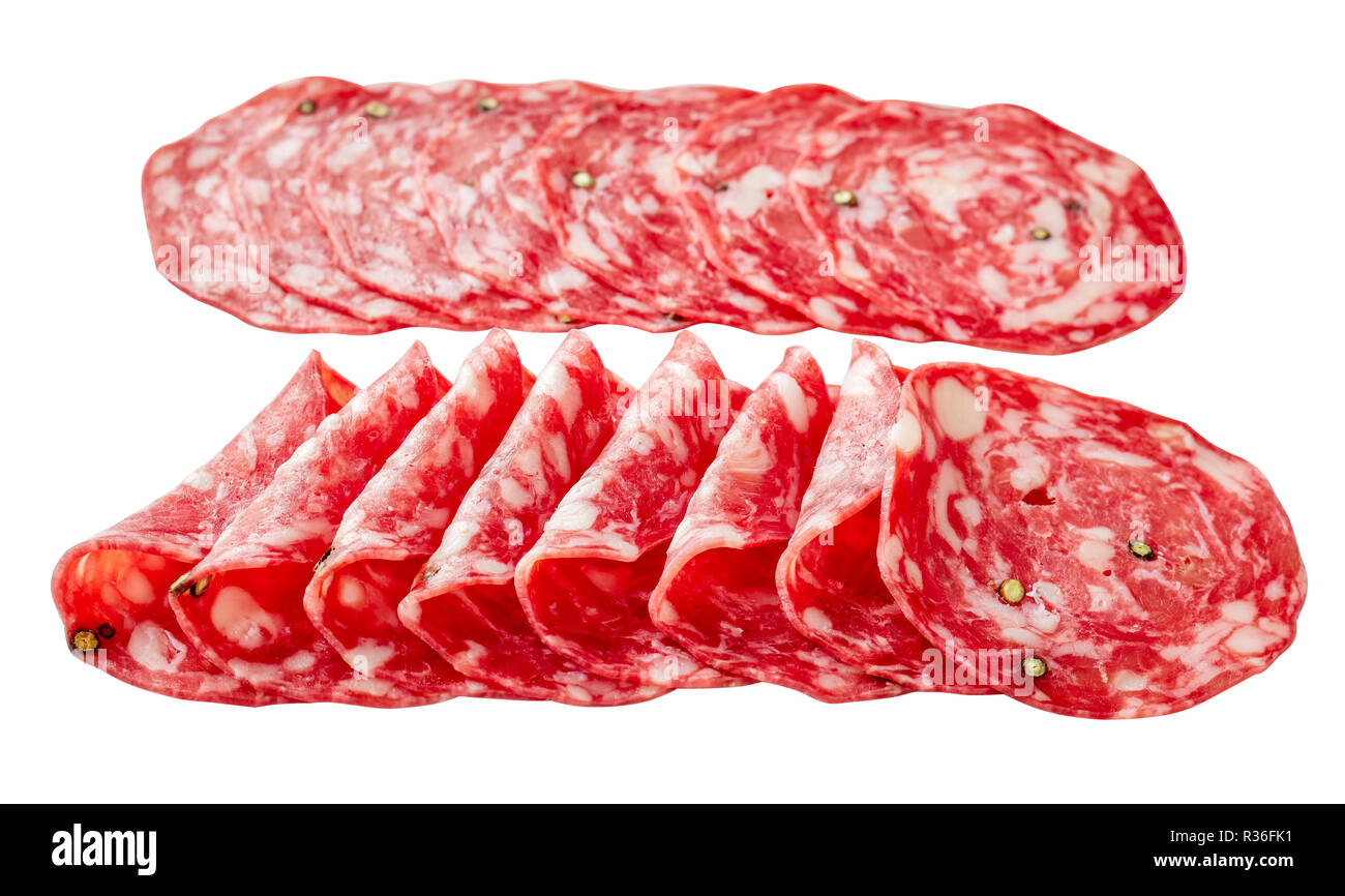 spanish salchichon, Salami sausage slices isolated on white background ...