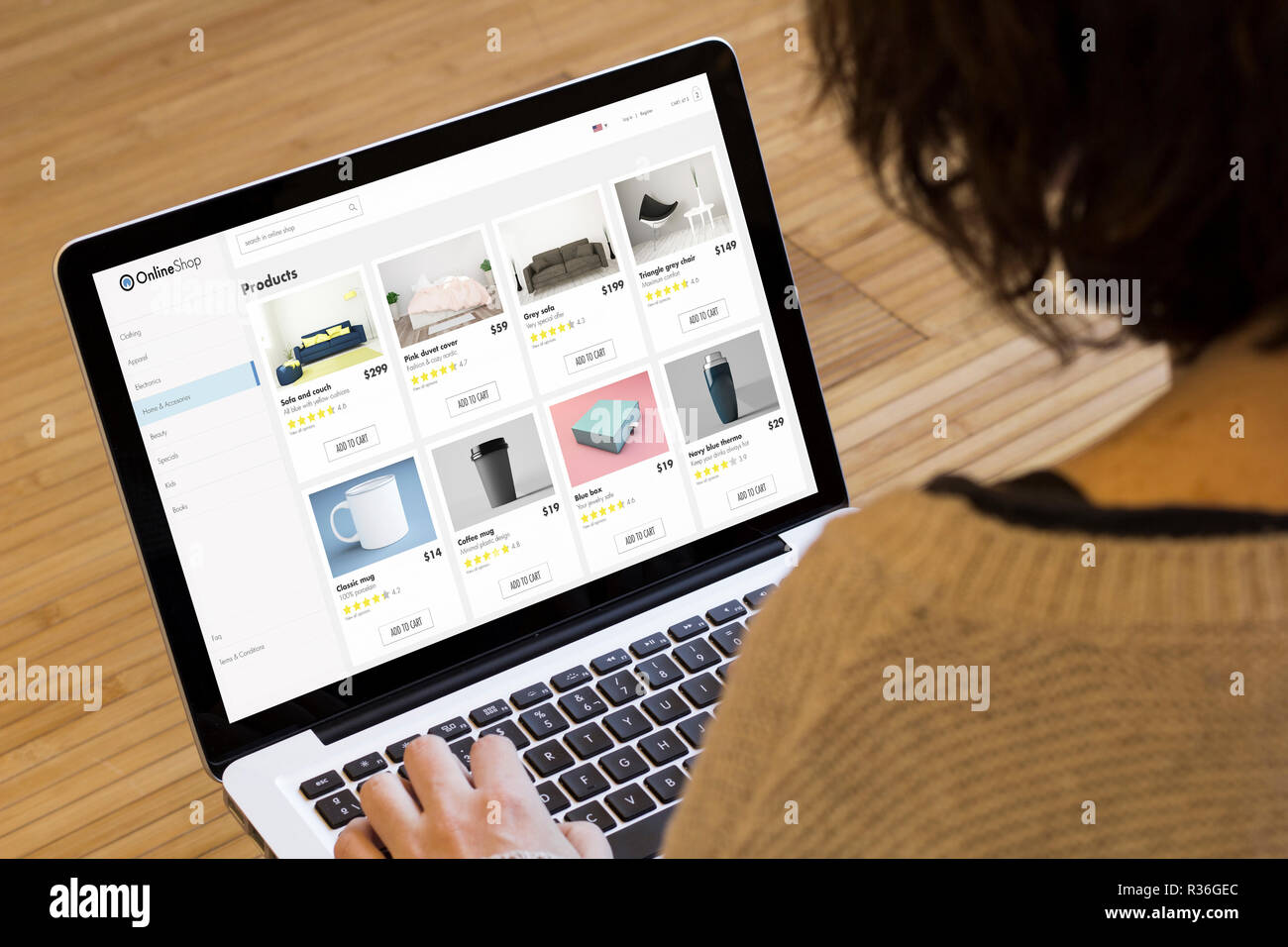 shopping online concept: eshop on a laptop screen. Screen graphics are ...