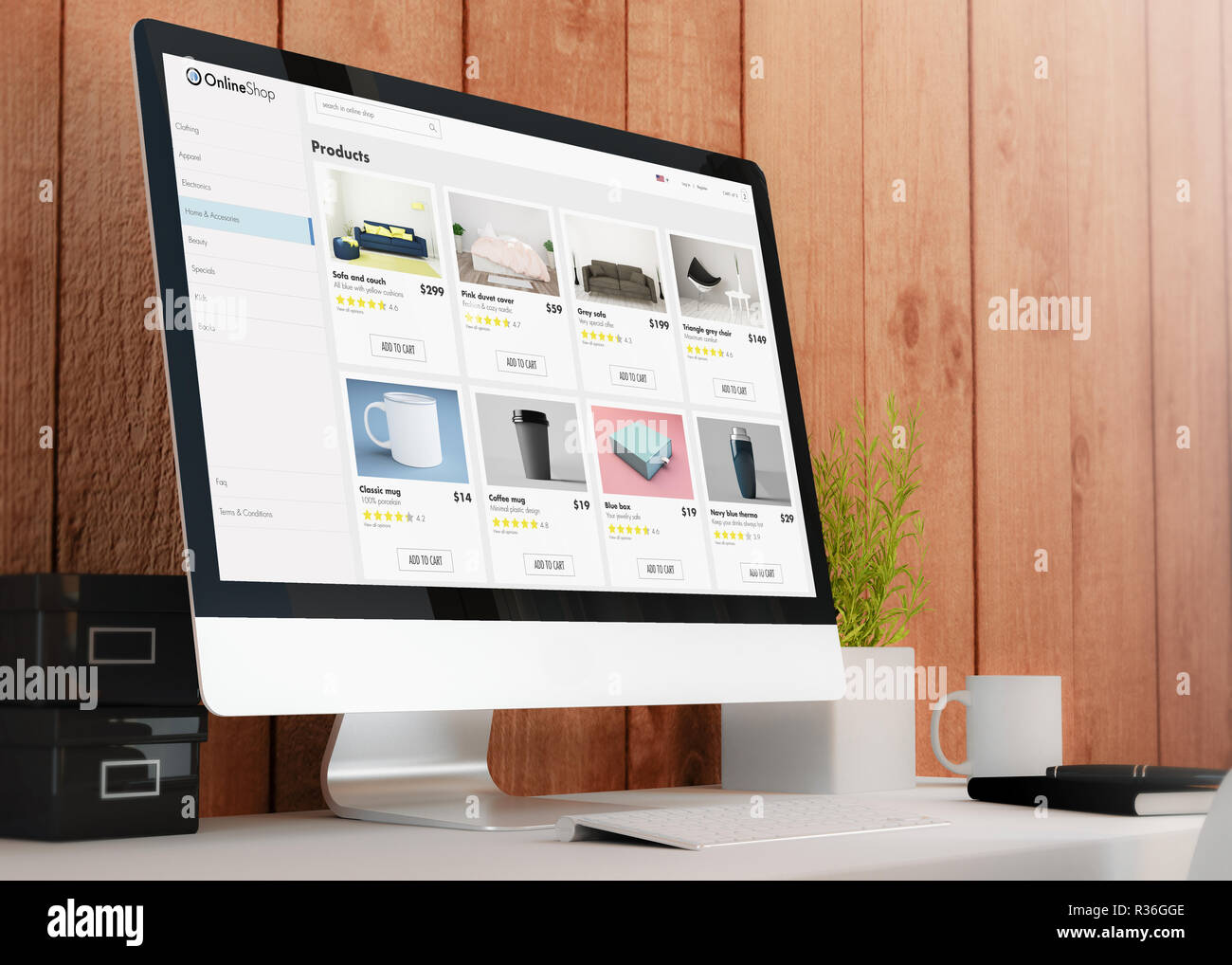 modern wooden workspace with computer online shop website design. All ...