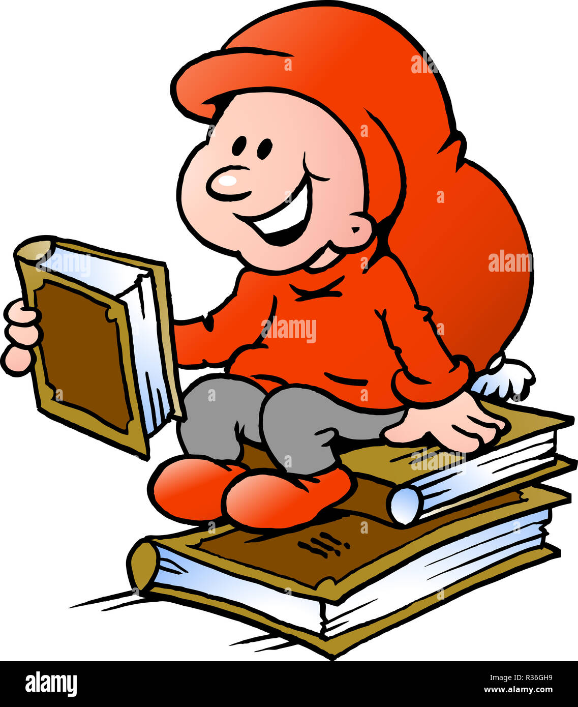 Hand-drawn Vector illustration of an Happy Christmas Elf reading books ...