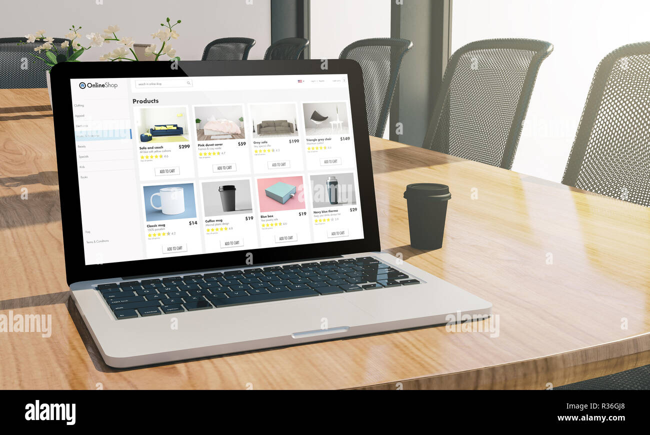 online shop website on screen laptop at conference room 3d rendering ...