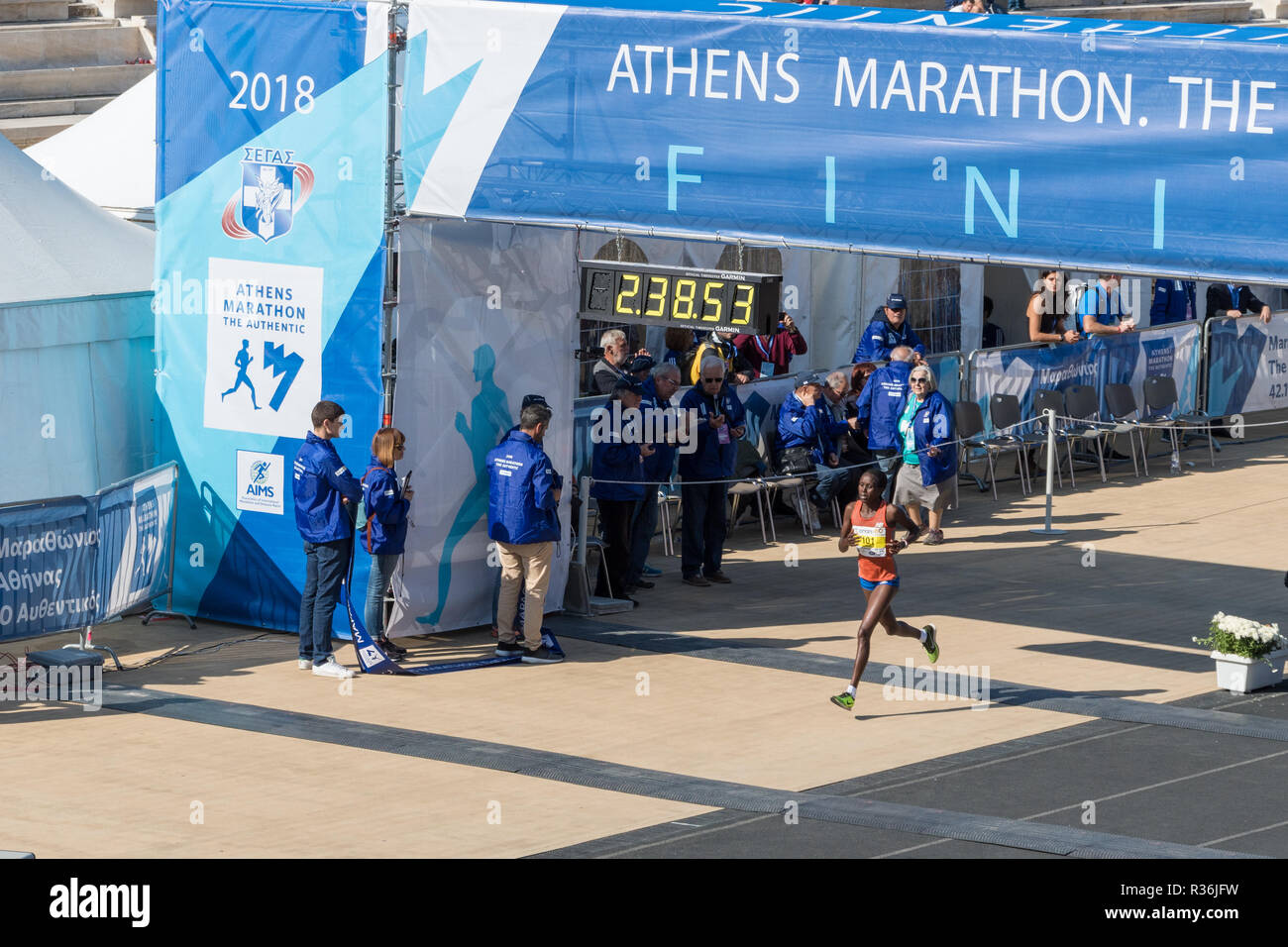 36th Athens Authentic Marathon. Koech Rebby Cherono from Kenya crossing ...